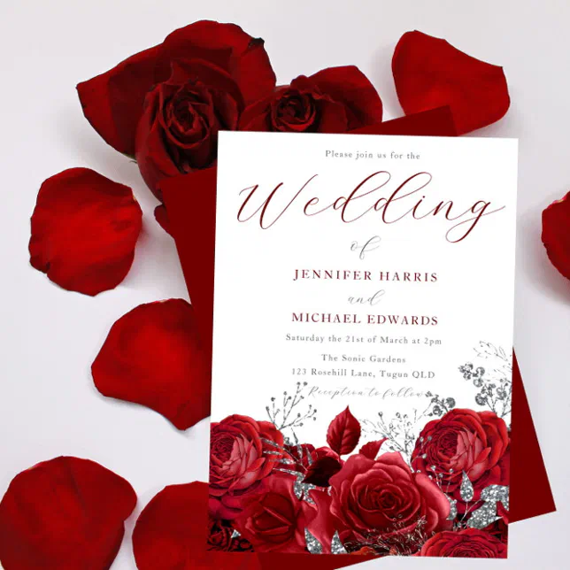 Gorgeous Red Roses & Silver Wedding Invitation | Zazzle