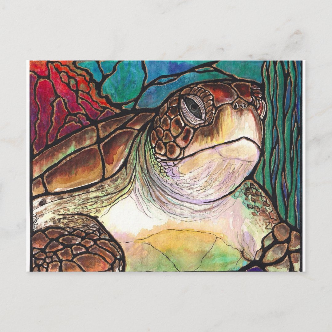 Gorgeous Sea Turtle Stained Glass Style Art Postcard | Zazzle
