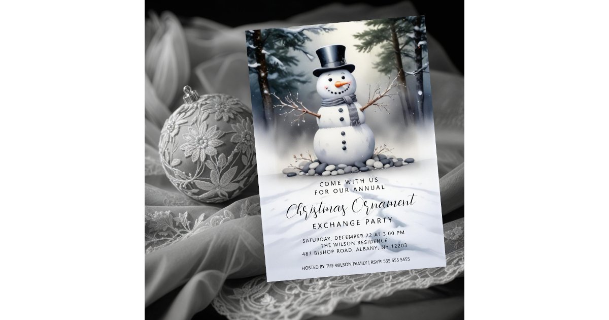 Gorgeous Snowman Frosted Forest Ornament Exchange Invitation | Zazzle
