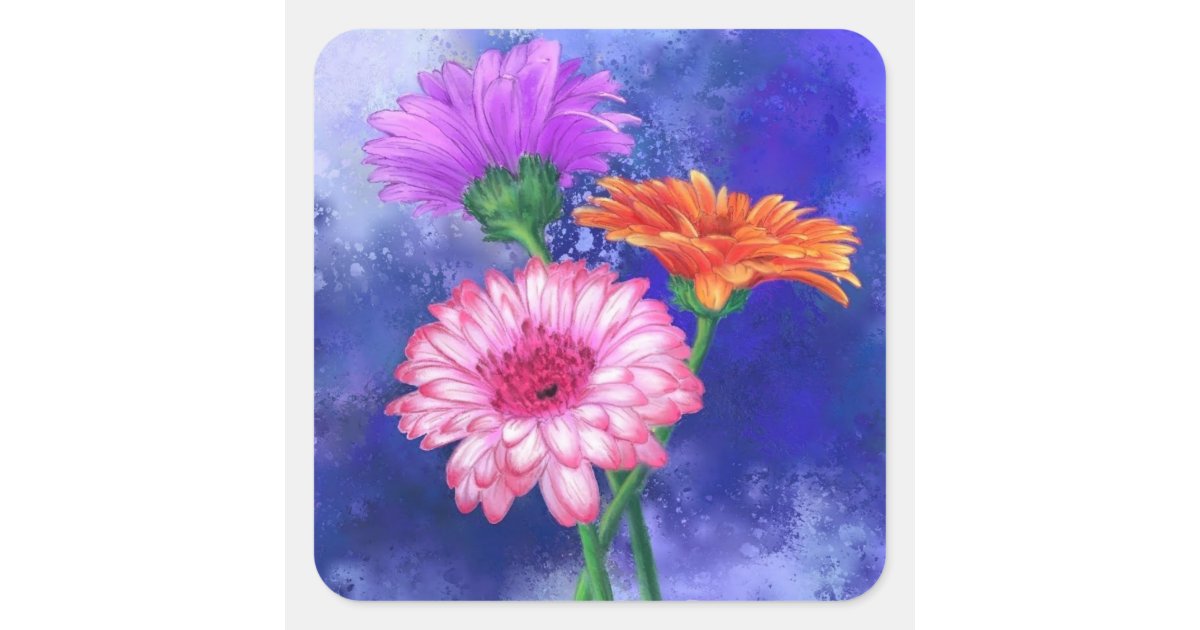 Gorgeous Three Color Gerberas - Migned Art Drawing Square Sticker | Zazzle