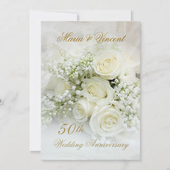 Gorgeous white roses 50th Wedding Anniversary Invitation | Zazzle