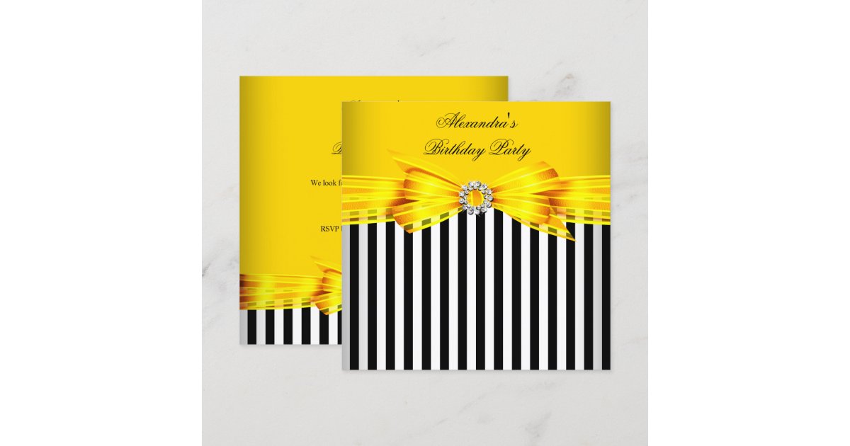 Gorgeous Yellow Black White Stripe Birthday Party Invitation | Zazzle