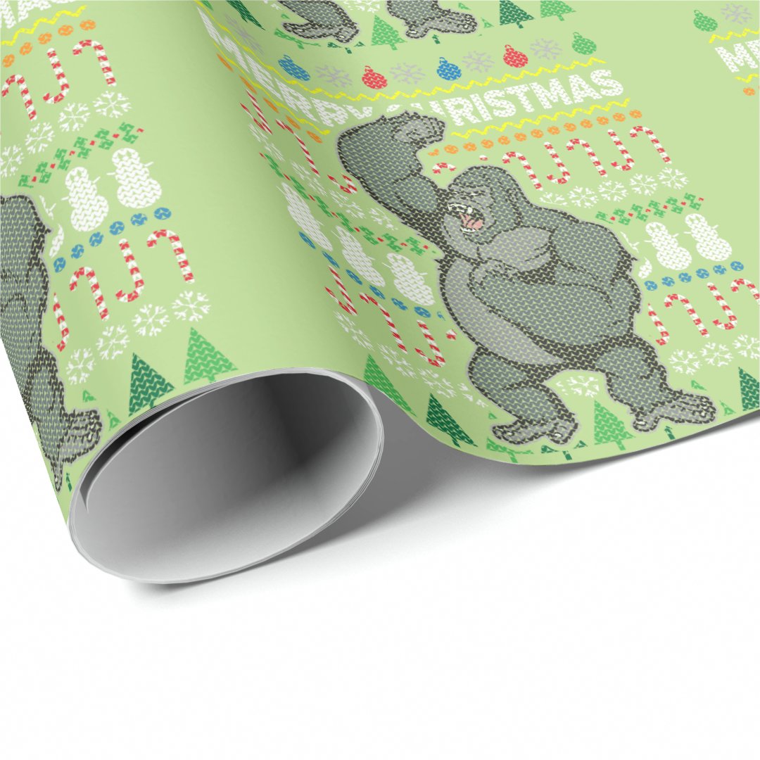 Gorilla Ugly Christmas Sweater Wildlife Series Wrapping Paper | Zazzle