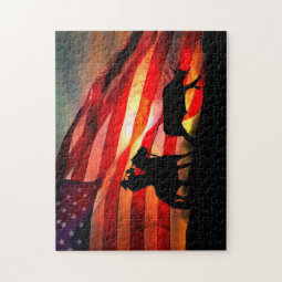 Gotcha Cowboy and Steer with American Flag Jigsaw Puzzle | Zazzle