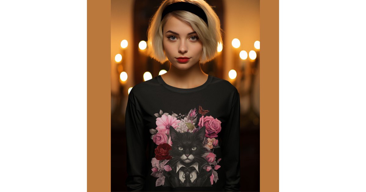 Goth Cat and roses Gothic Black and White cats T-Shirt | Zazzle