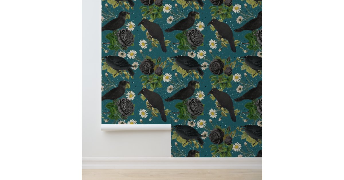 Goth Crows & Black Roses Deep Teal Pattern Wallpaper | Zazzle
