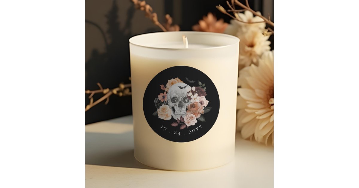 Goth Floral Watercolor Skull Fall Wedding Monogram Classic Round ...