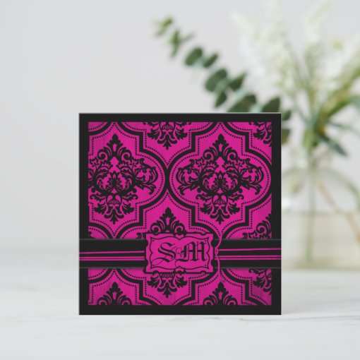 Goth Fuchsia Black Damask Wedding Invitations | Zazzle