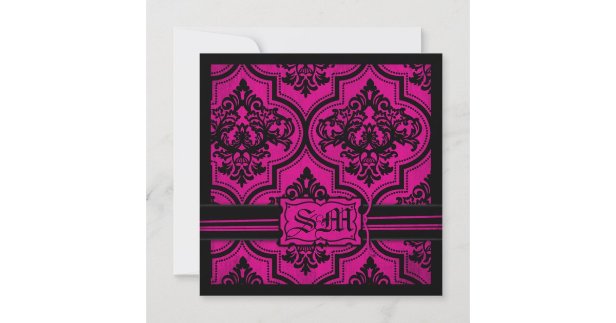 Goth Fuchsia Black Damask Wedding Invitations | Zazzle