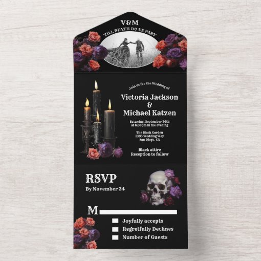 Goth Halloween Black Floral Wedding Photo All In One Invitation | Zazzle