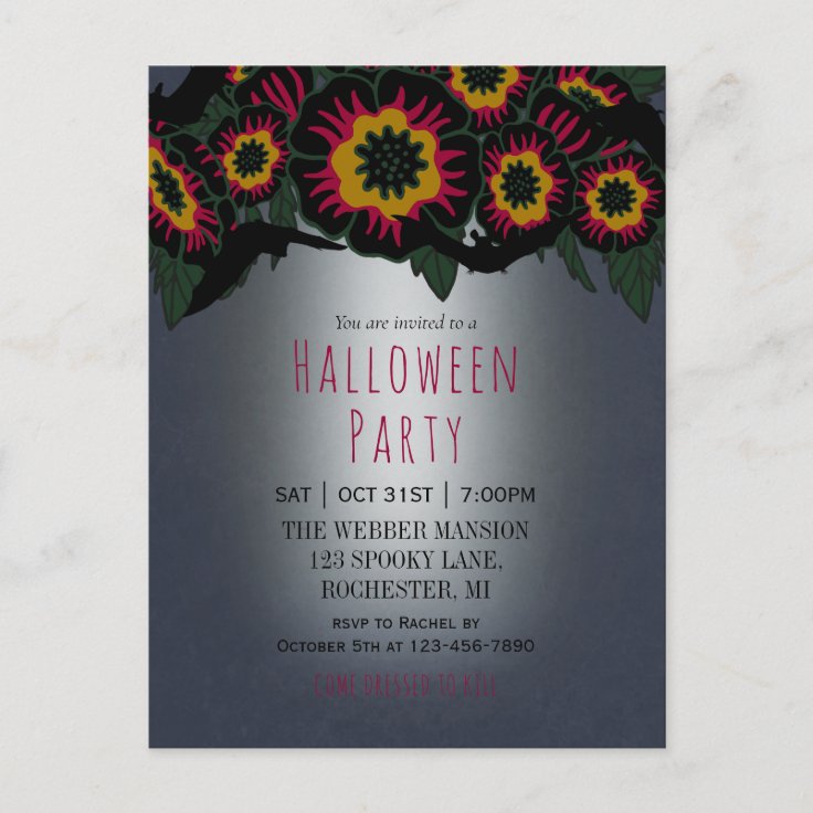 Goth halloween party invitation w bats and flowers postcard | Zazzle
