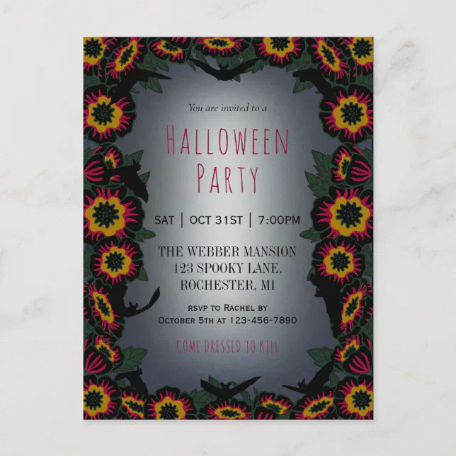 Goth halloween party invitation w flowers and bats postcard | Zazzle