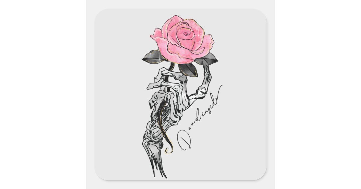 Goth Hand Skeleton With Pink Rose | Dead Inside Square Sticker | Zazzle