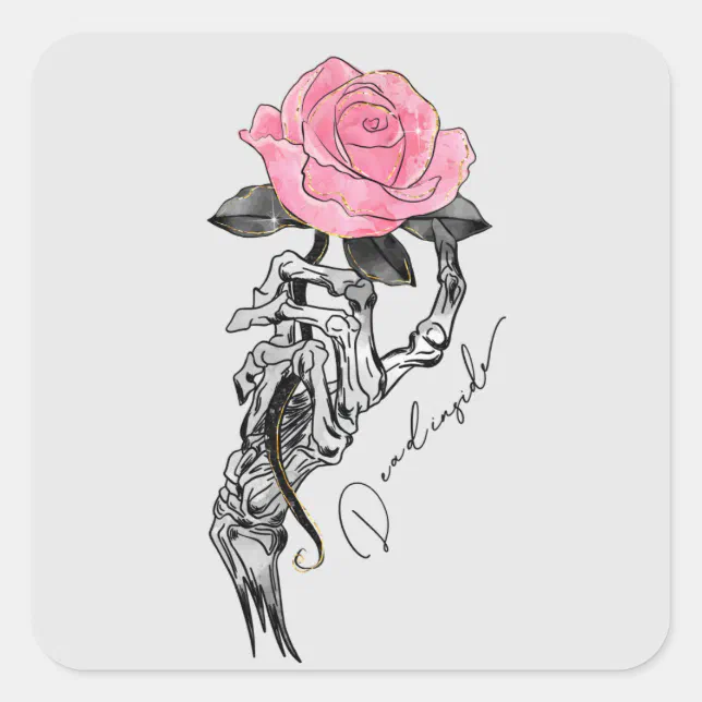 Goth Hand Skeleton With Pink Rose | Dead Inside Square Sticker | Zazzle