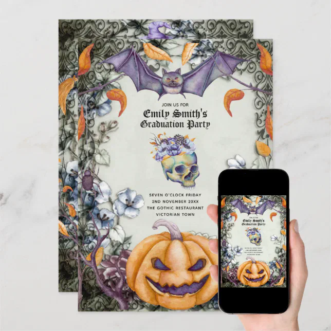 Goth Purple Skulls Halloween/Muertos Graduation Invitation | Zazzle