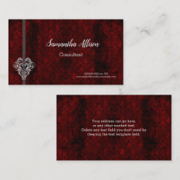 Goth Red Damask Silver Heart Business Card | Zazzle