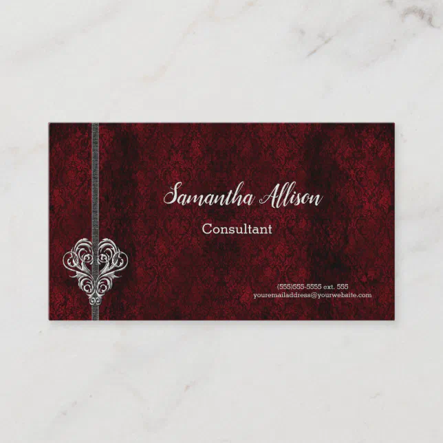 Goth Red Damask Silver Heart Business Card | Zazzle