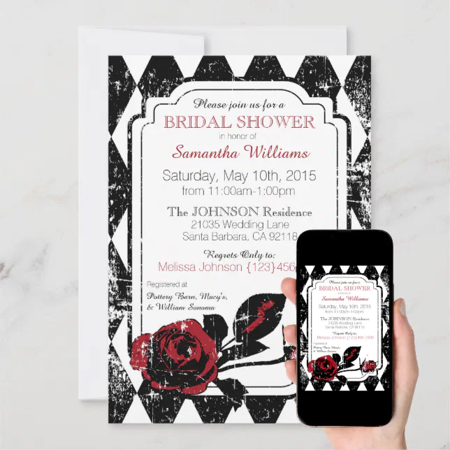 Goth Roses Grunge Diamond Print Bridal Shower Invitation | Zazzle