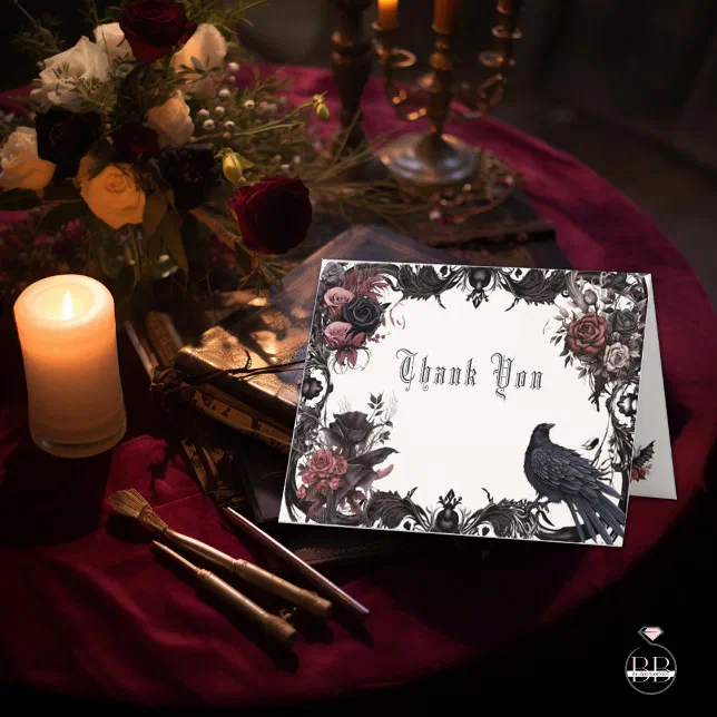 Goth Rosewood Black Raven Floral Thank You Card | Zazzle