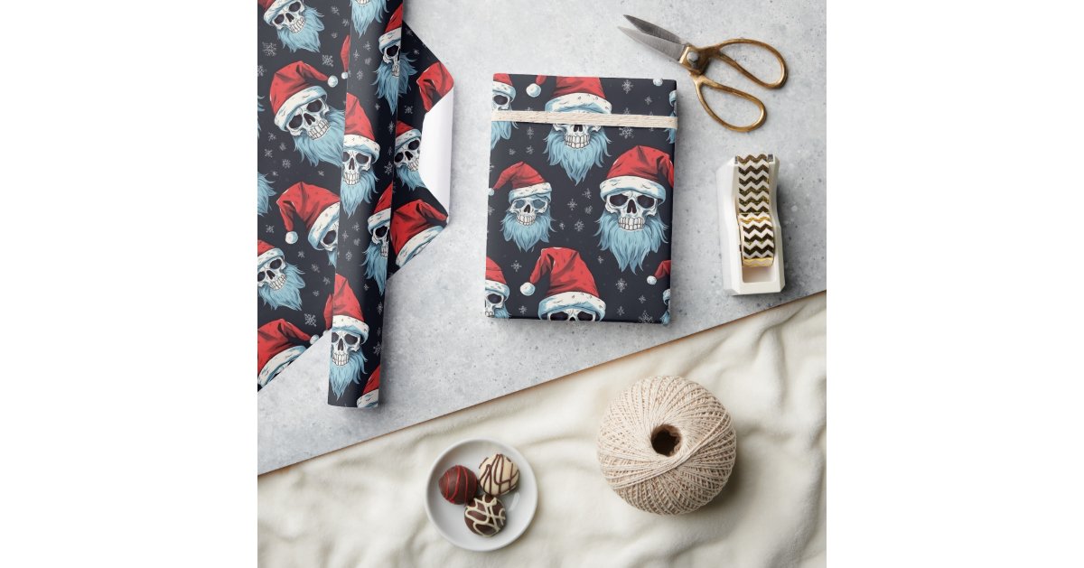 Goth Santa Hat Beard Skull Christmas Pattern Wrapping Paper | Zazzle