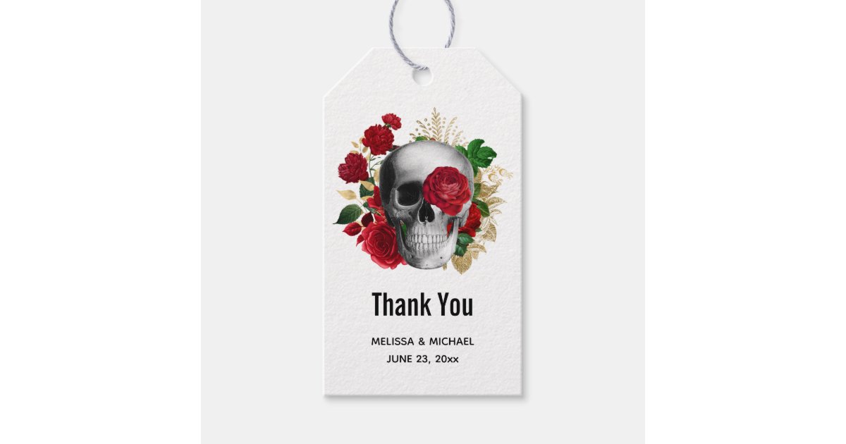 Goth Skull with Red Flowers Thank You Gift Tags | Zazzle