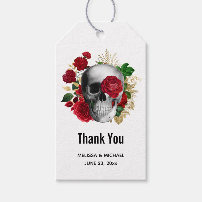 Goth Skull with Red Flowers Thank You Gift Tags | Zazzle