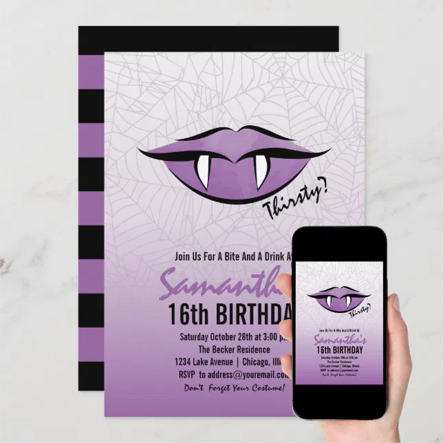 Goth Vampire Lips Halloween Birthday Invitation | Zazzle