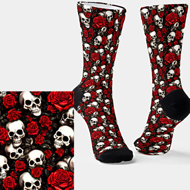Goth White Skulls & Red Roses on Black Socks | Zazzle