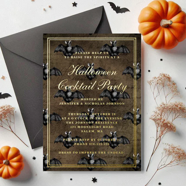 Gothic Bats Halloween Cocktail Party Gold Foil Invitation | Zazzle