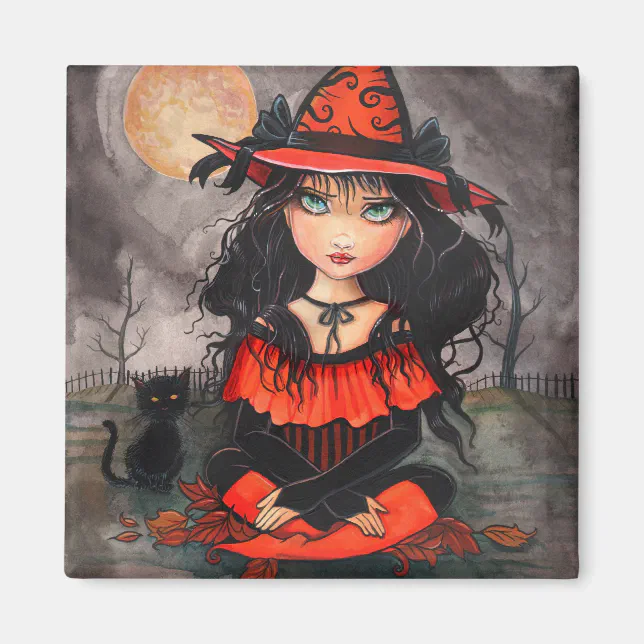 Gothic Big Eye Halloween Witch Cat Art Magnet | Zazzle