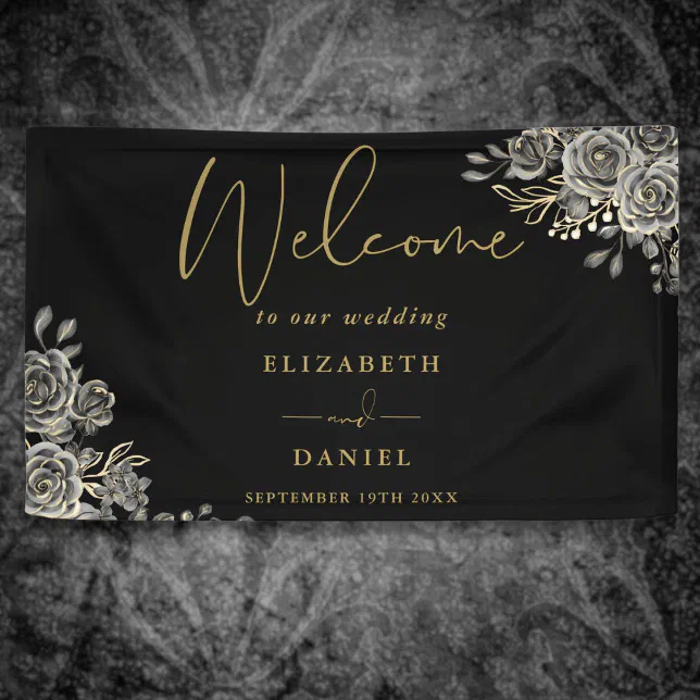 Gothic Black And Gold Floral Wedding Welcome Banner | Zazzle