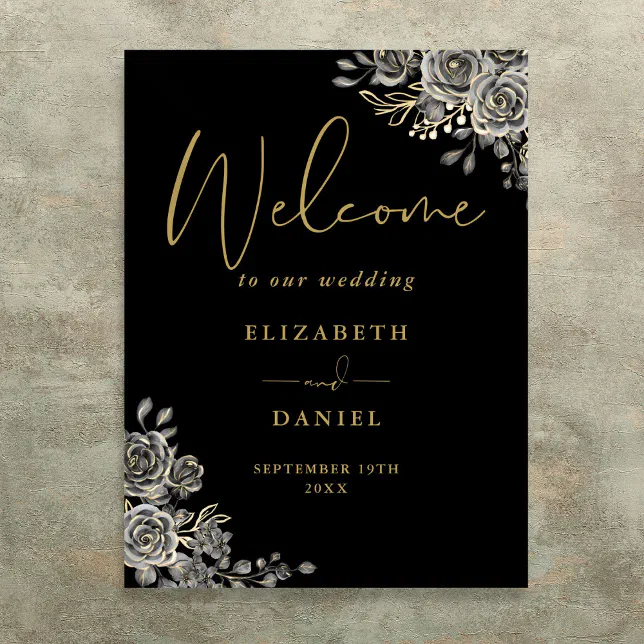 Gothic Black And Gold Floral Wedding Welcome Sign | Zazzle