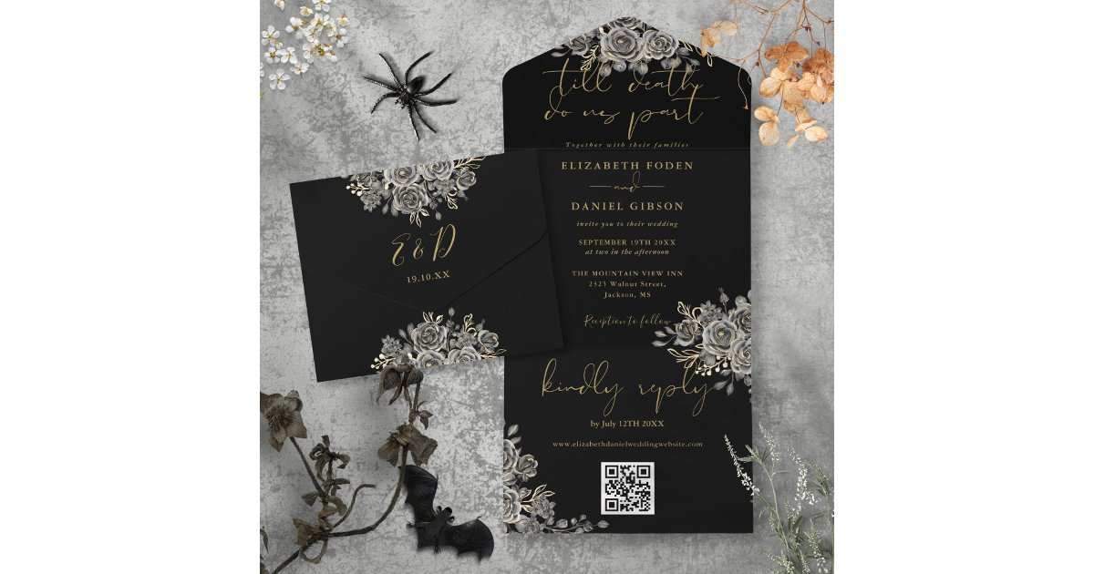 Gothic Black And Gold Roses QR Code Wedding All In One Invitation | Zazzle
