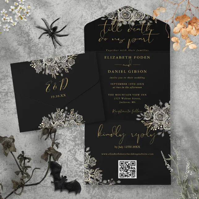 Gothic Black And Gold Roses QR Code Wedding All In One Invitation | Zazzle
