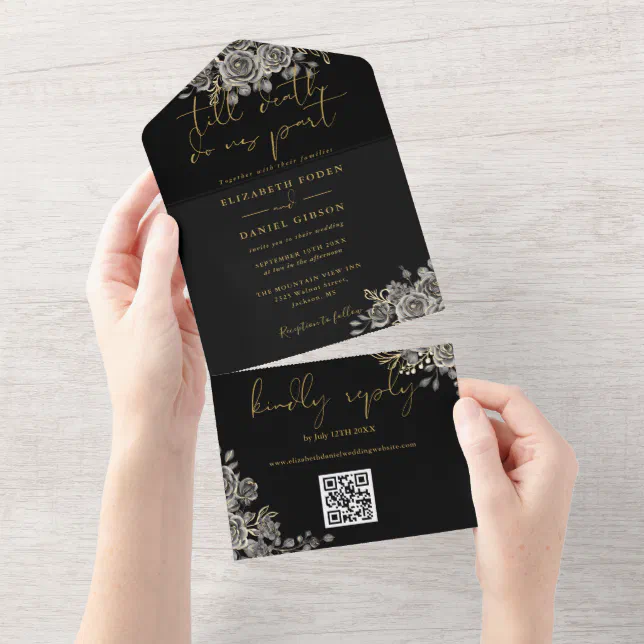 Gothic Black And Gold Roses QR Code Wedding All In One Invitation | Zazzle