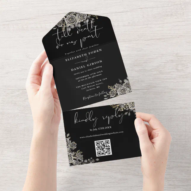 Gothic Black And White Roses QR Code Wedding All In One Invitation | Zazzle