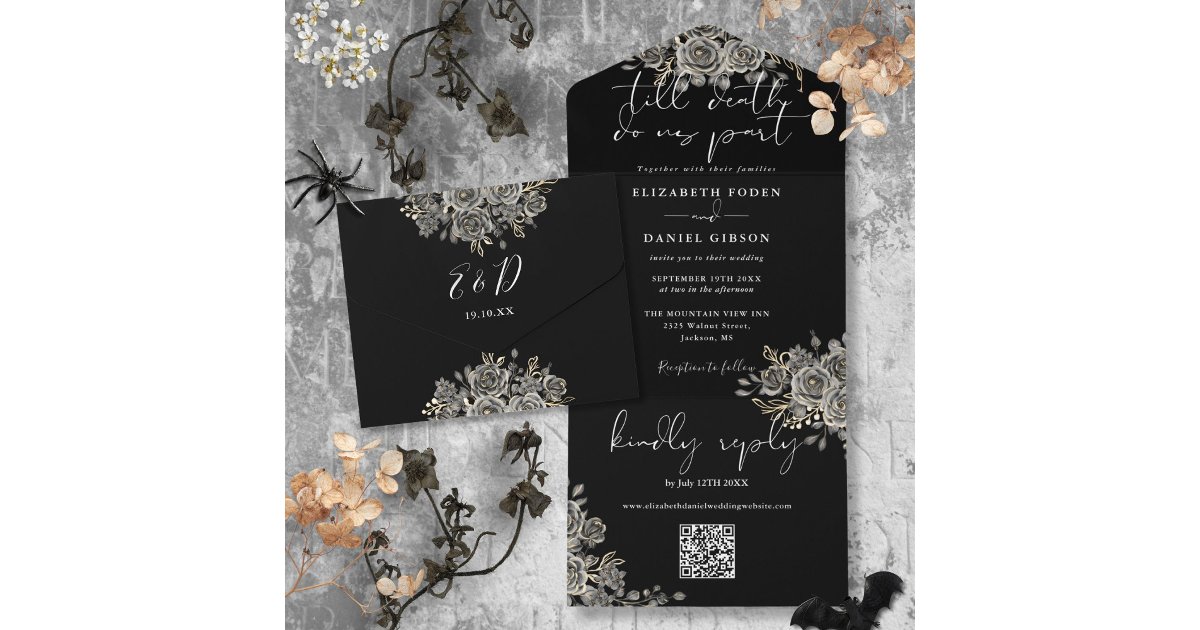 Gothic Black And White Roses QR Code Wedding All In One Invitation | Zazzle