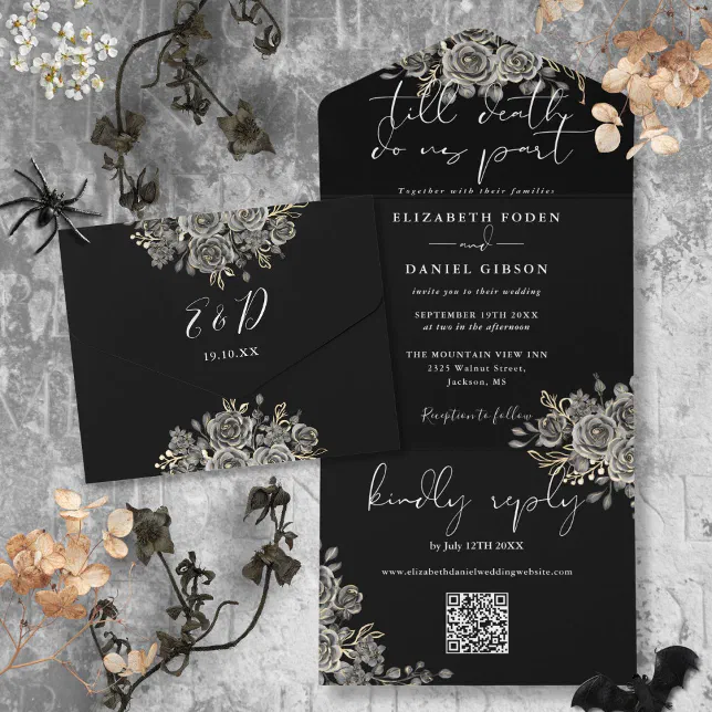 Gothic Black And White Roses QR Code Wedding All In One Invitation | Zazzle