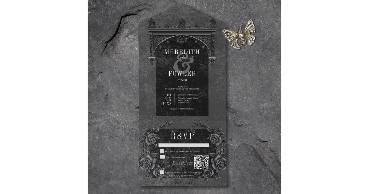 Gothic Black Arch & Black Roses QR Code All In One Invitation | Zazzle