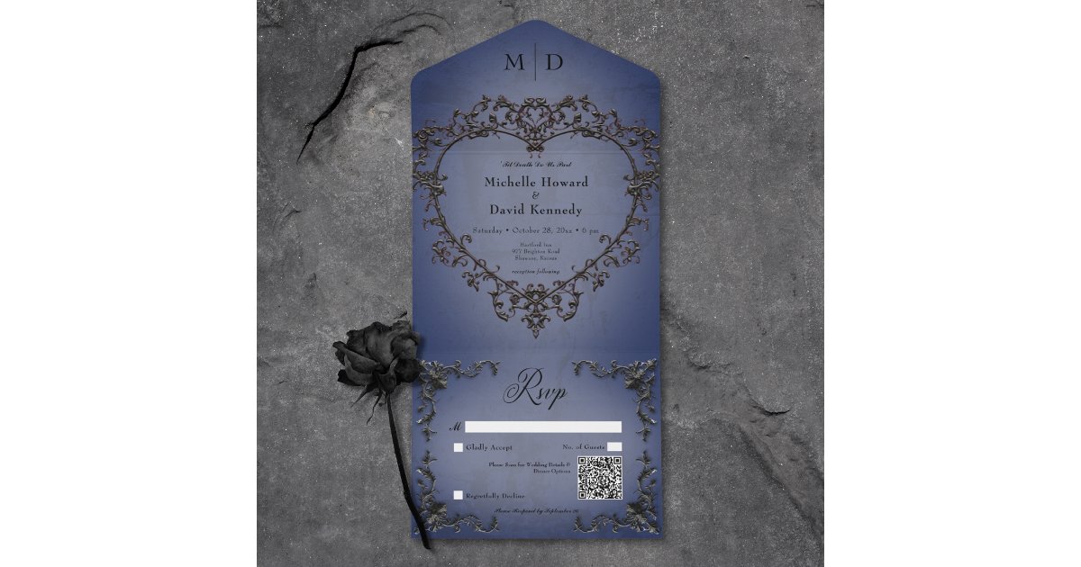 Gothic Black & Blue Filigree Heart QR Code All In One Invitation | Zazzle