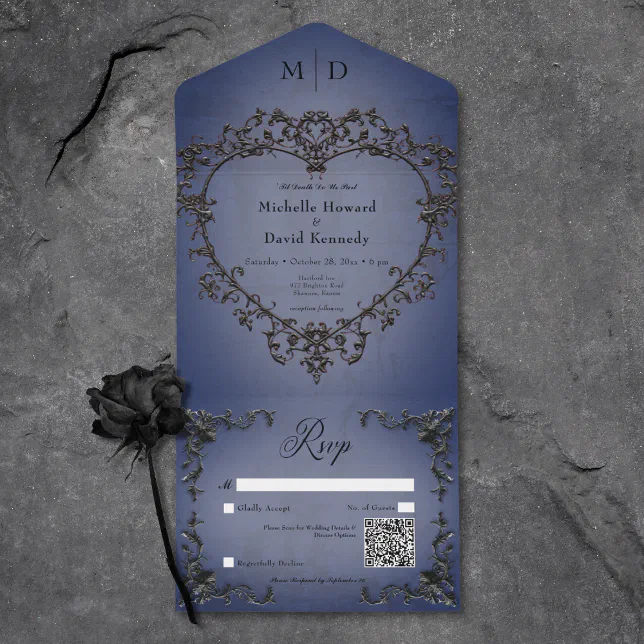 Gothic Black & Blue Filigree Heart QR Code All In One Invitation | Zazzle