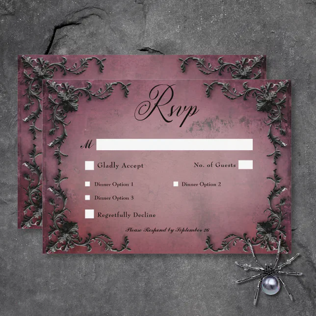 Gothic Black & Burgundy Filigree Heart Dinner RSVP Card | Zazzle