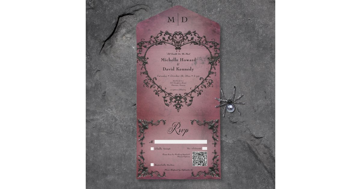 Gothic Black & Burgundy Filigree Heart QR Code All In One Invitation ...