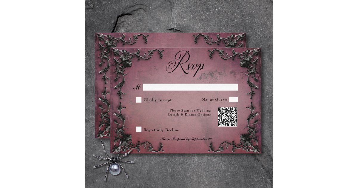 Gothic Black & Burgundy Filigree Heart QR Code RSVP Card | Zazzle