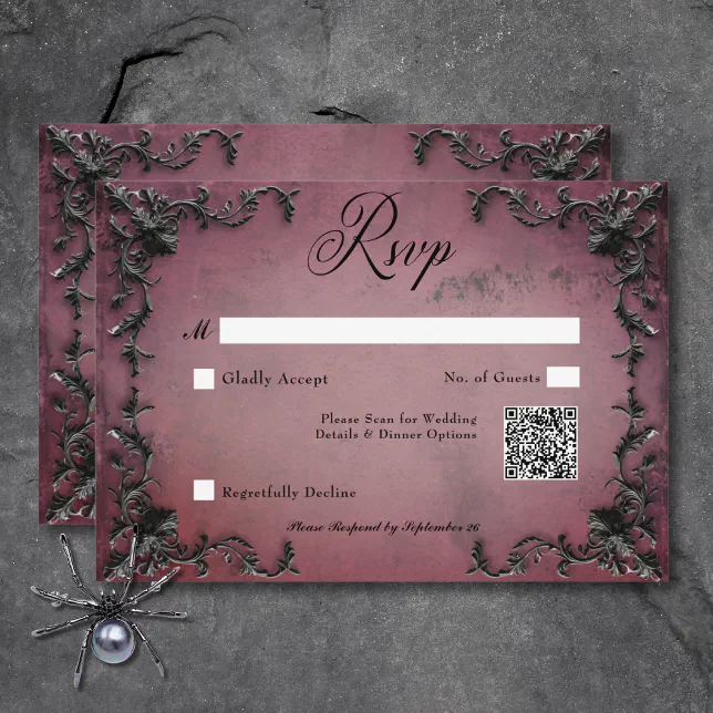Gothic Black & Burgundy Filigree Heart QR Code RSVP Card | Zazzle