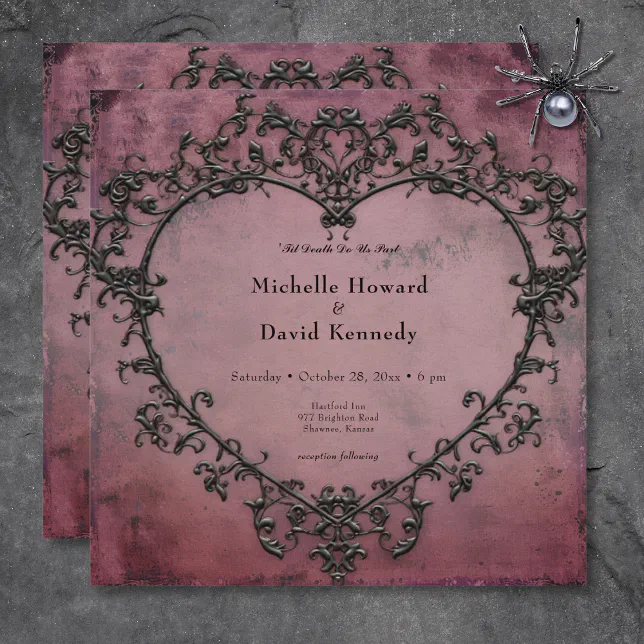 Gothic Black & Burgundy Filigree Heart Wedding Invitation | Zazzle