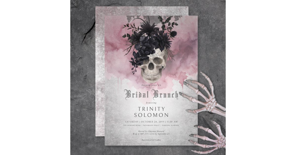 Gothic Black & Burgundy Floral Skull Bridal Brunch Invitation | Zazzle