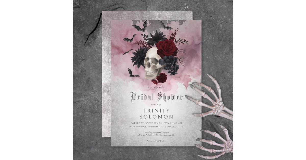 Gothic Black & Burgundy Skull & Bats Bridal Shower Invitation | Zazzle