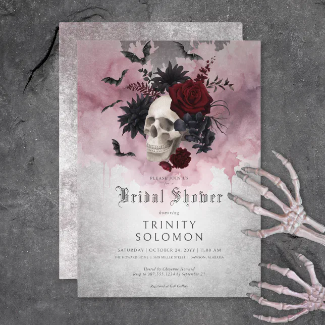 Gothic Black & Burgundy Skull & Bats Bridal Shower Invitation | Zazzle