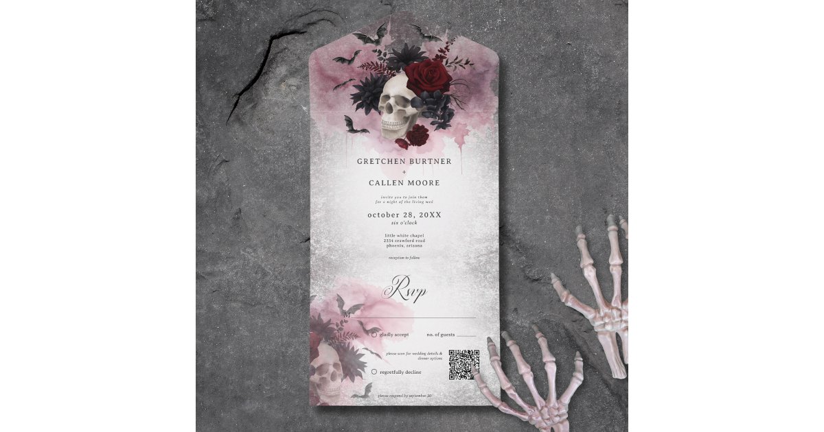 Gothic Black & Burgundy Skull & Bats QR Code All In One Invitation | Zazzle
